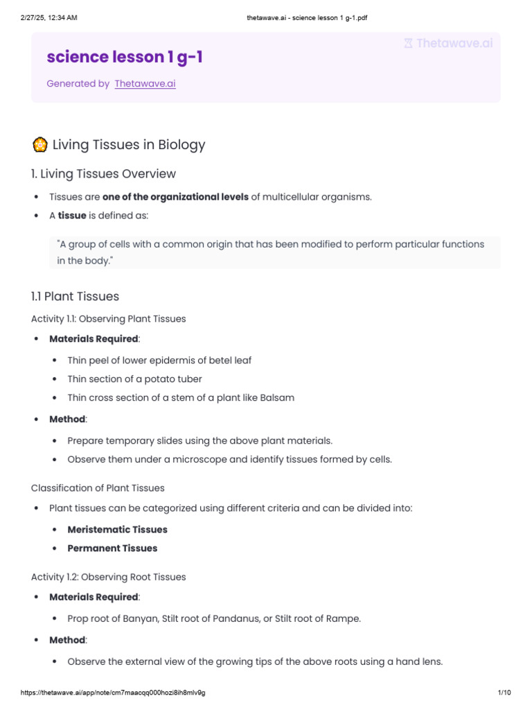 Thetawave - Ai - Science Lesson 1 G-1 | PDF | Tissue (Biology) | Plant Stem