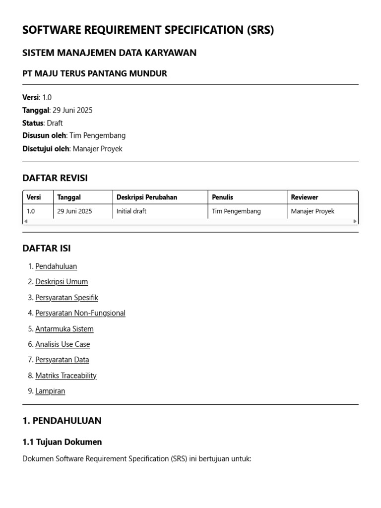Software Requirement Specification (SRS) - Sistem Manajemen Data Karyawan 2 | PDF