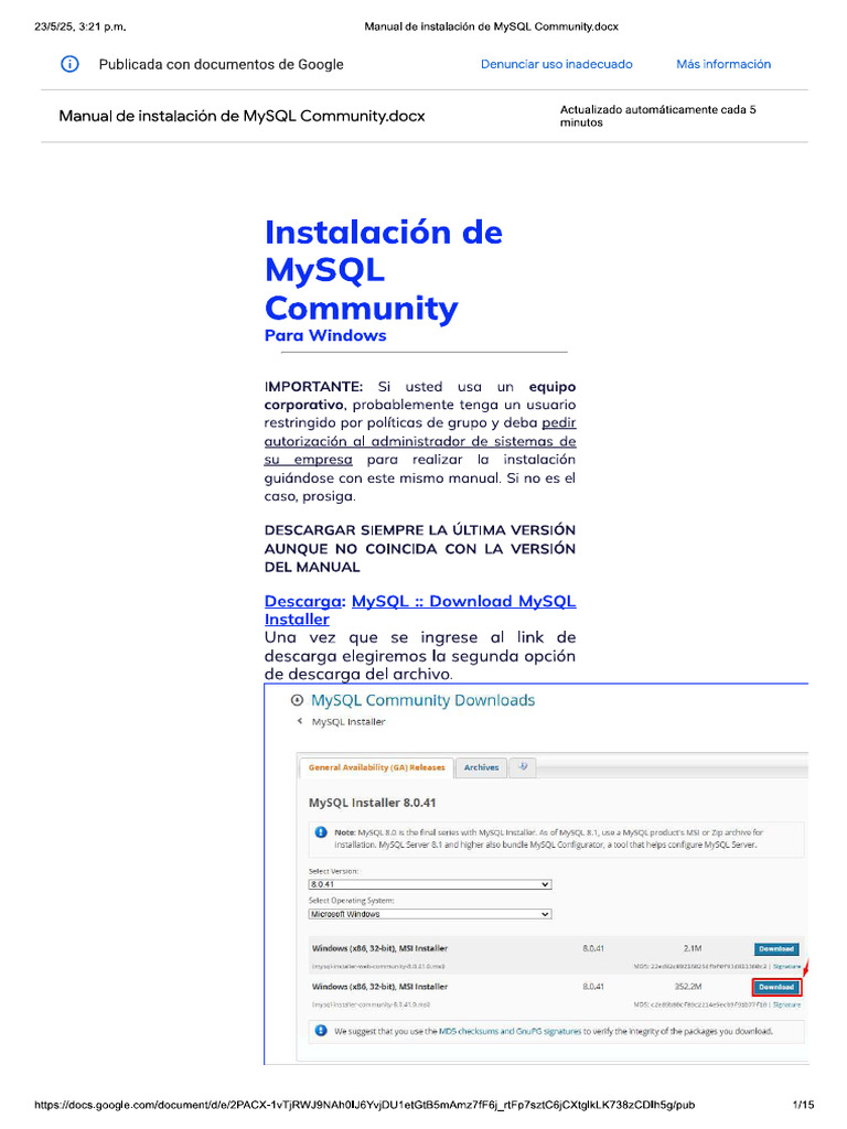Manual de Instalación de MySQL Community | PDF