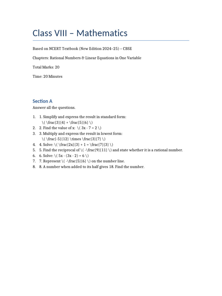Class VIII Math: Rational Numbers & Equations | PDF