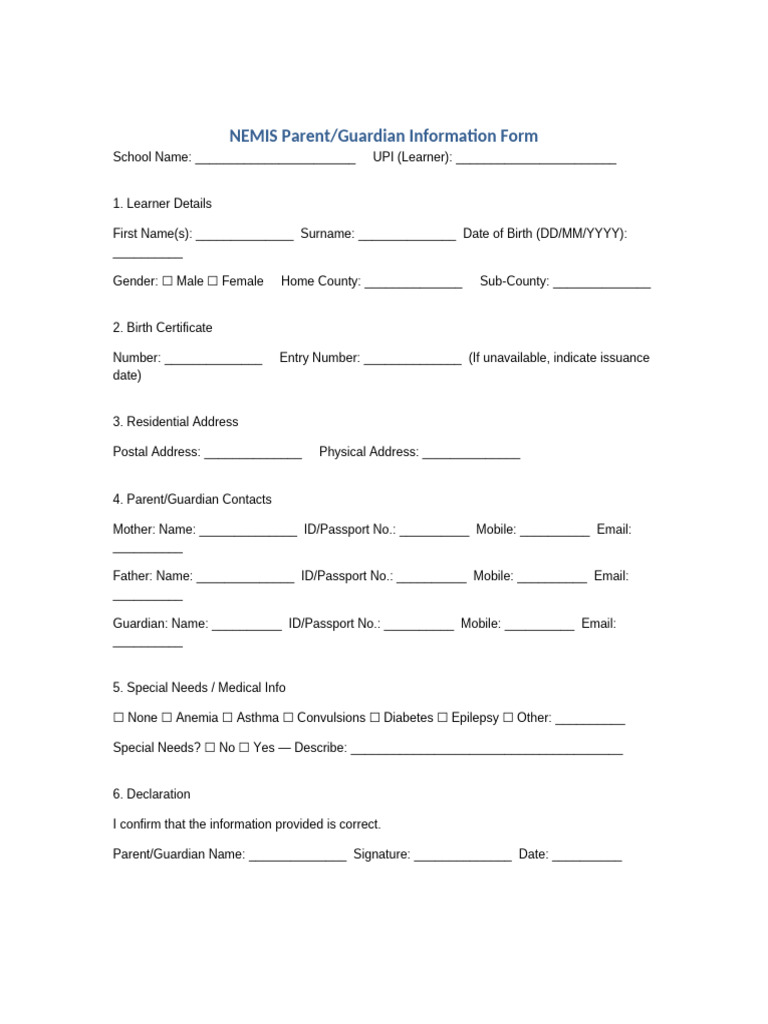 NEMIS Form Compact One Page | PDF