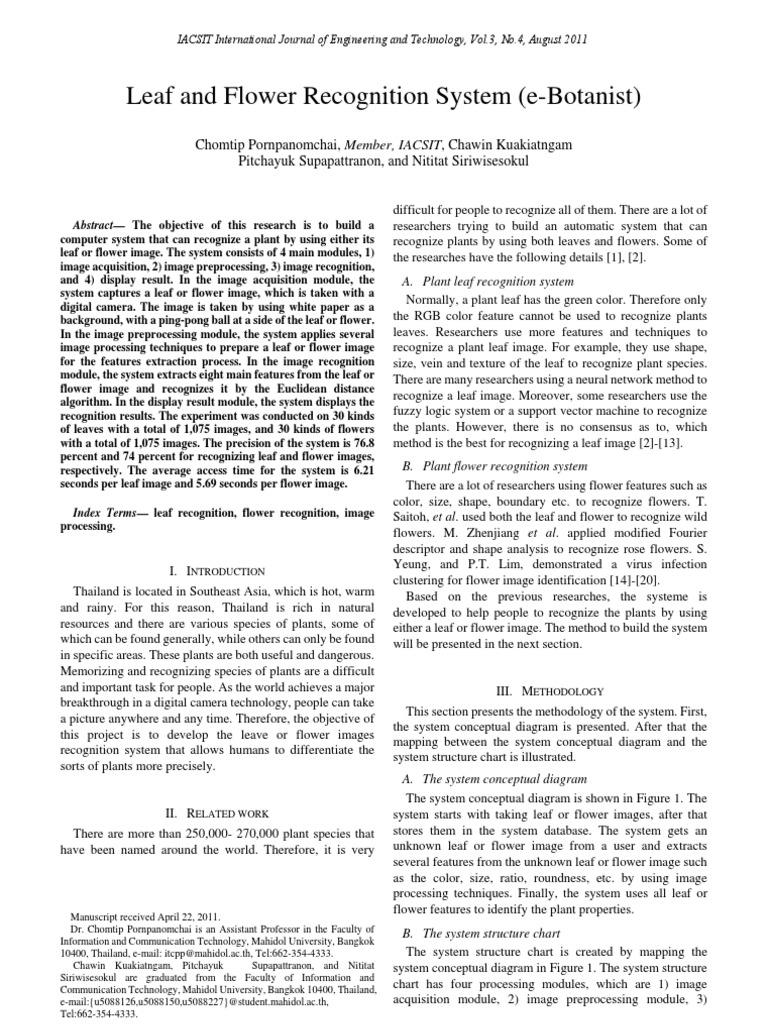 Leaf and Flower Recognition System (E-Botanist) | PDF | Computer Vision ...