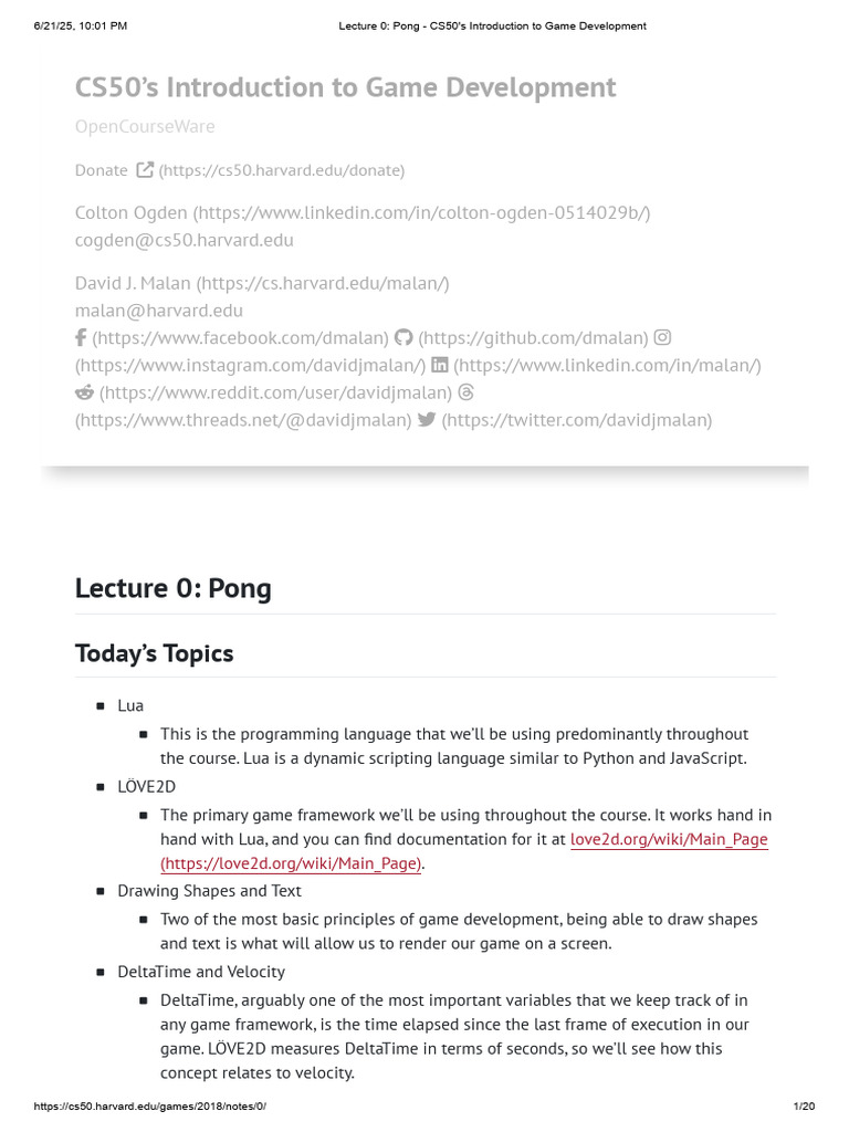 Lecture 0 - Pong - CS50 Game Development | PDF | Class (Computer Programming) | Object Oriented ...