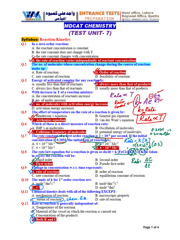 WAK MDCAT CHEMISTRY Unit 07 | PDF | Reaction Rate | Chemical Reactions