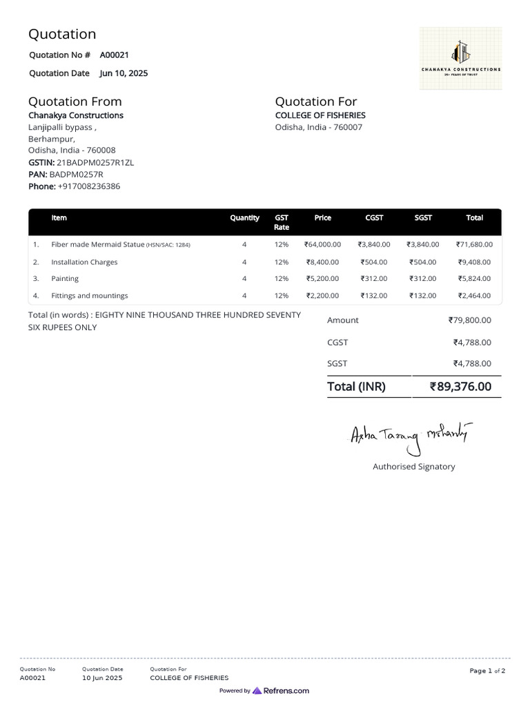 Quotation for College of Fisheries | PDF