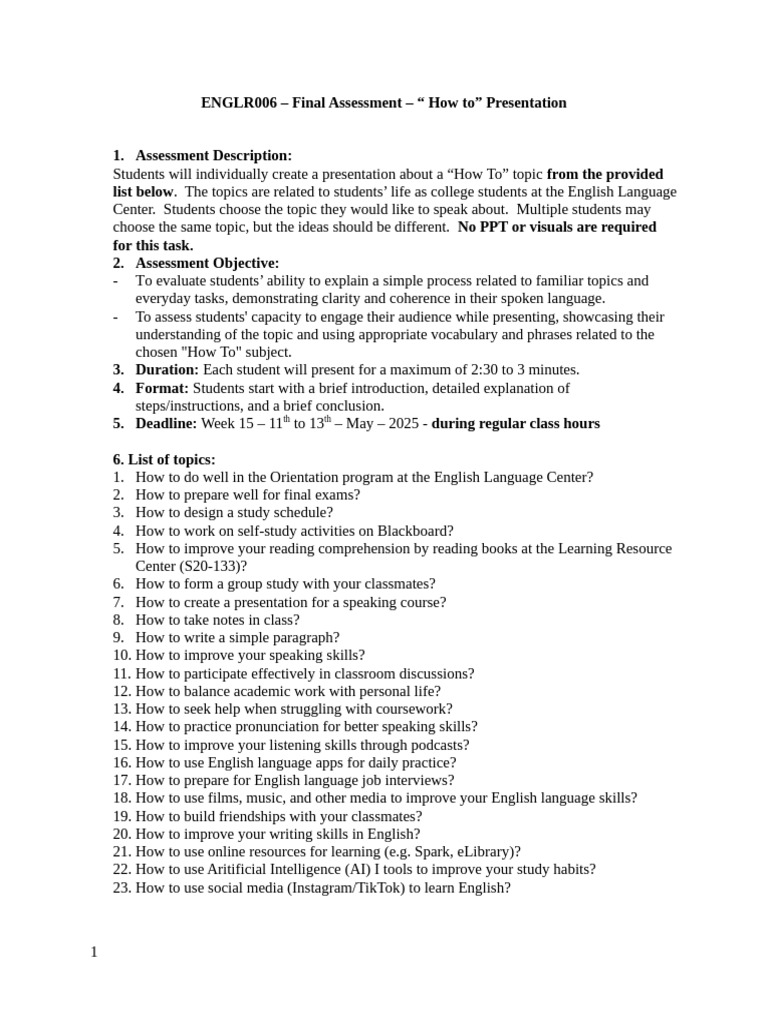 ENGLR006 - Final Presentation Guidelines | PDF | English Language ...