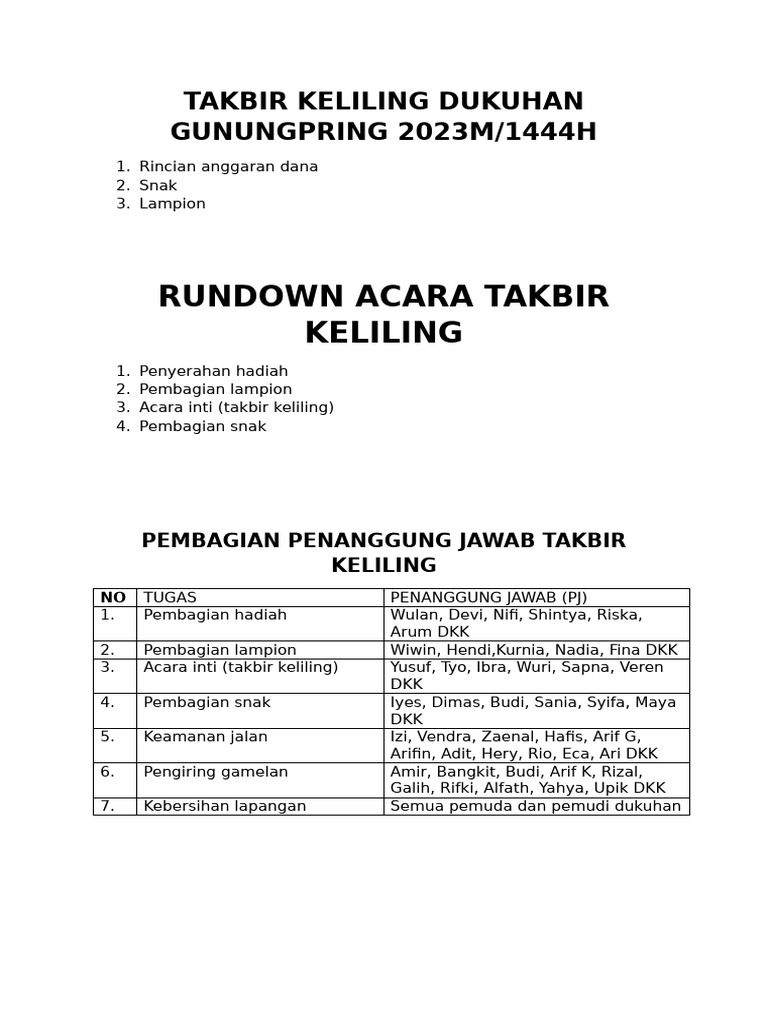 RINCIAN TAKBIR KELILING | PDF
