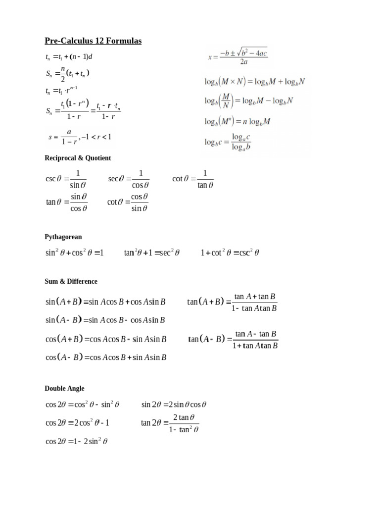 Pre-Calculus 12 Formula Sheet | PDF