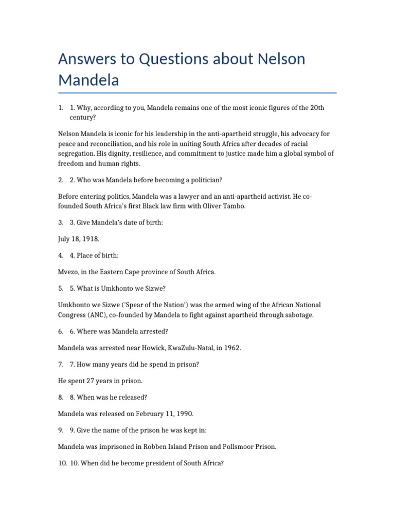 Nelson Mandela Answers | PDF