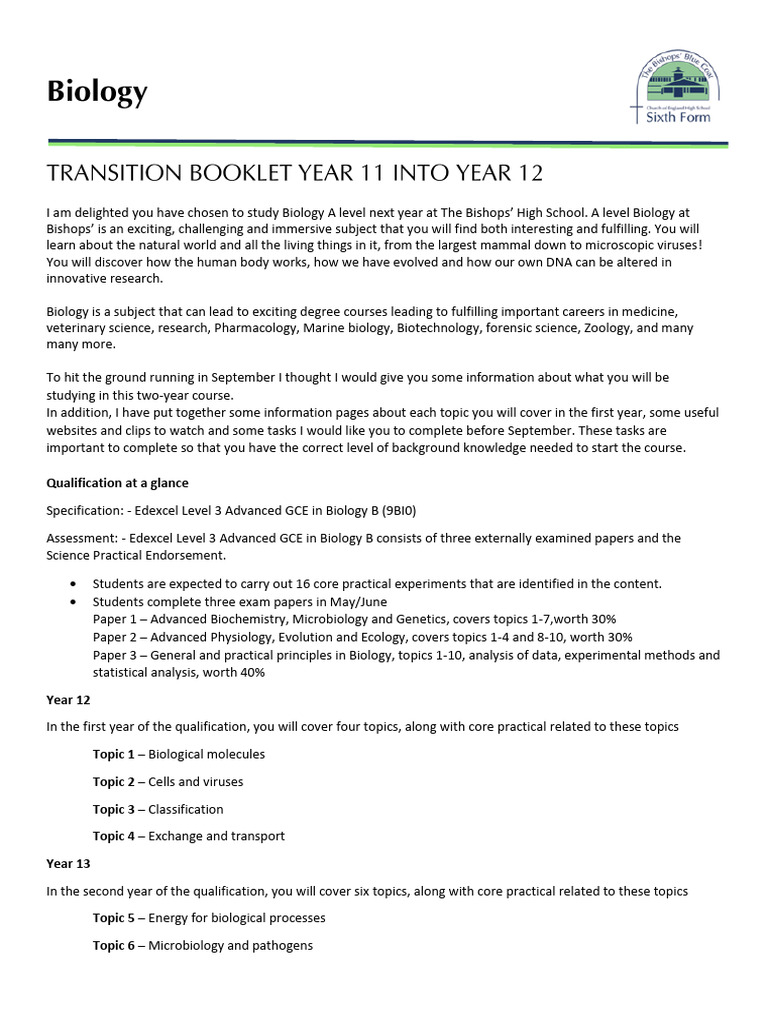 Biology Transition From GCSE To A Level | PDF | Cell (Biology ...