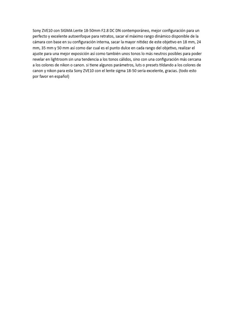 Sony ZVE10 Con SIGMA Lente 18-50 Configuración 17.06.2025 | PDF