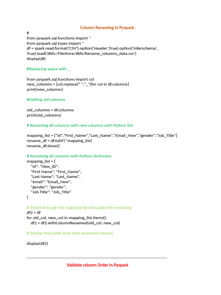Column Renaming in Pyspark | PDF | Apache Spark | Computer Science