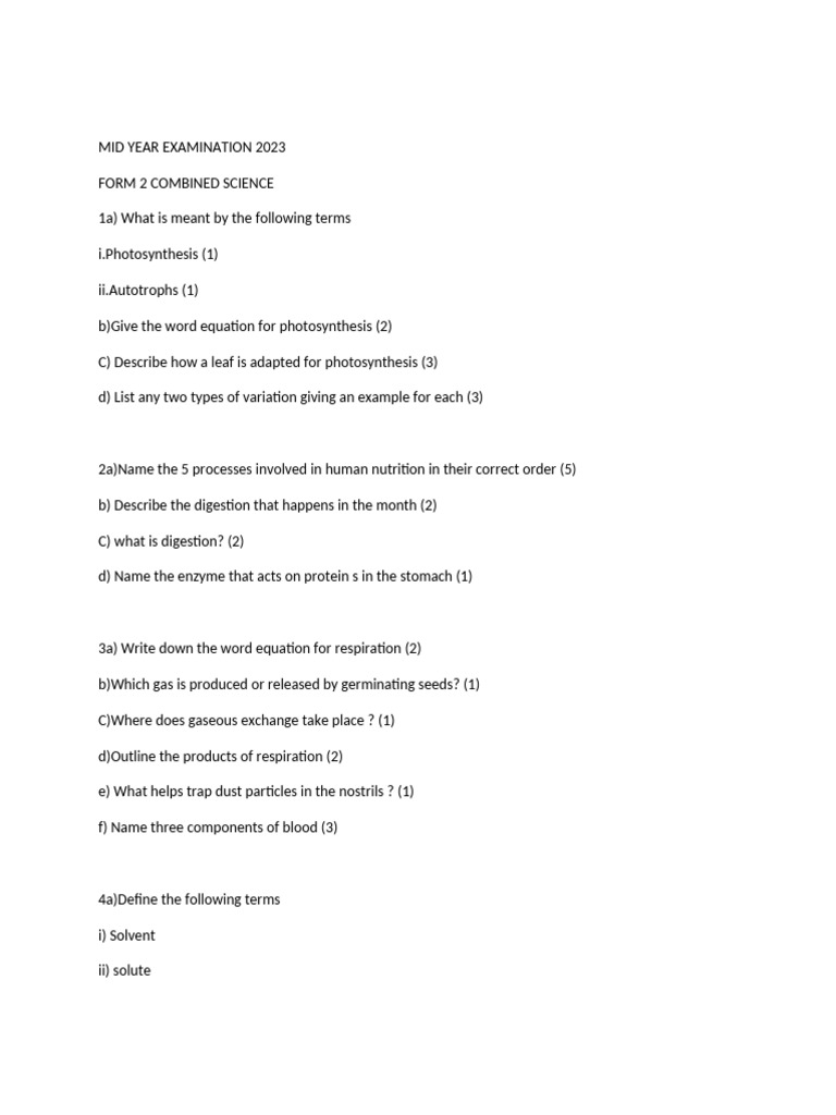 Form 2 Mid Year Examination | PDF