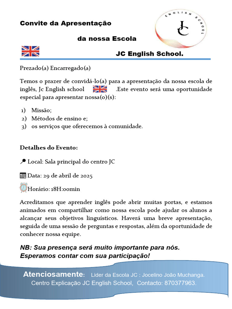 Convite para Apresentação da JC English School | PDF