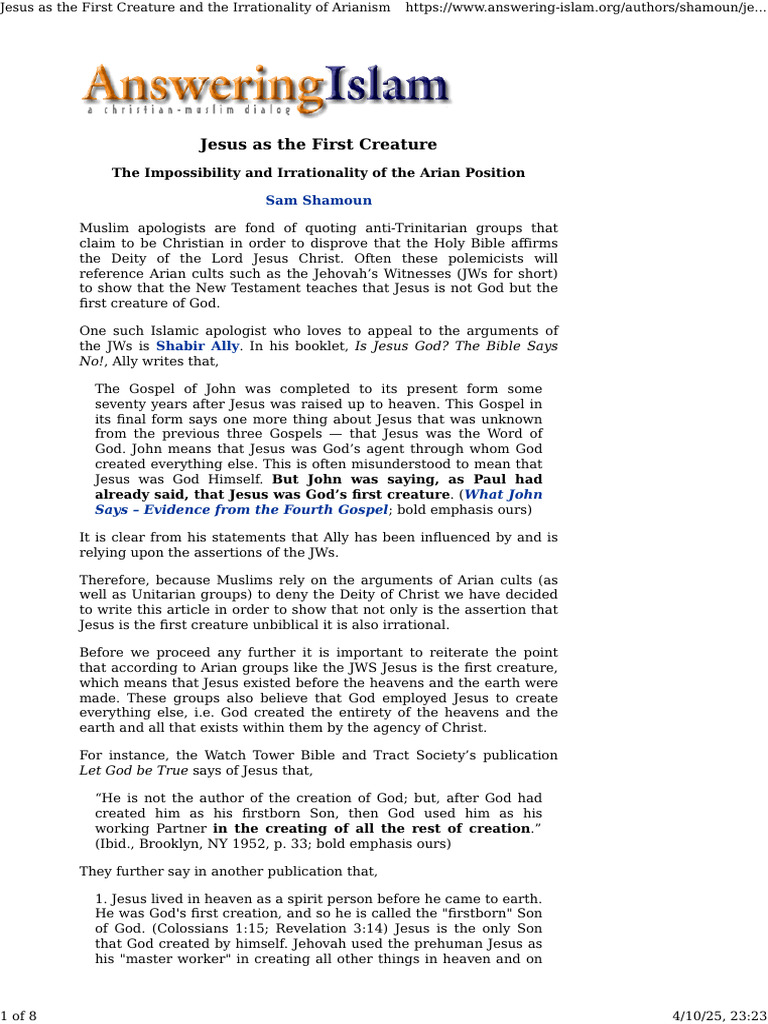 Jesus As The First Creature and The Irrationality of Arianism | PDF ...