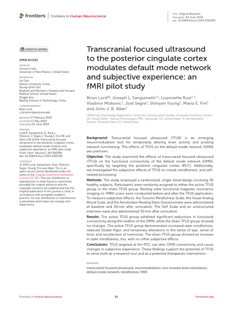 Lord Et Al 2024 Transcranial Ultrasound Modulation of DMN | PDF | Prefrontal Cortex | Neuroscience