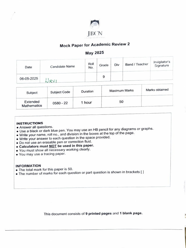 Grade 9 Mock Paper 2 Solved Sample | PDF | Mathematics