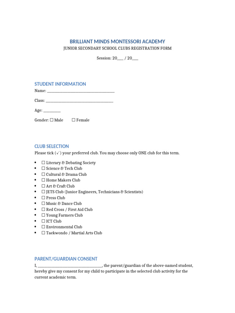 JSS Clubs Registration Form | PDF