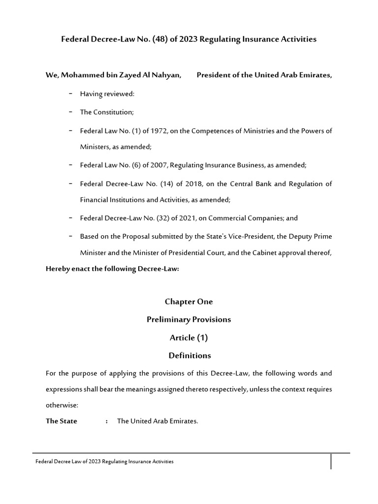 Federal Decree-Law No. 48 of 2023 | PDF | Insurance | Reinsurance