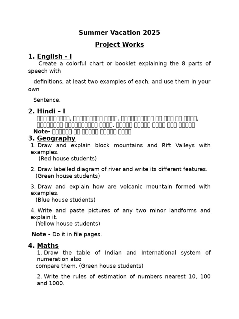 Holiday Homework Class-6 (2025) New | PDF