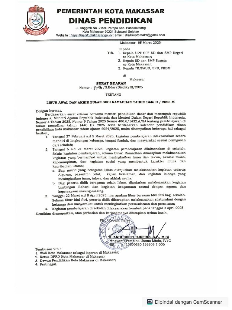 Surat Edaran Libur Awal Dan Akhir Bulan Suci Ramadhan Tahun 1446 H 2025 M | PDF
