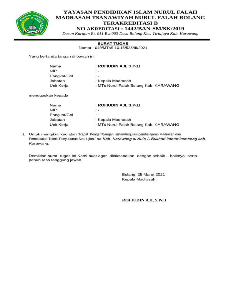 Surat Tugas Rapat Kamad 2021 | PDF