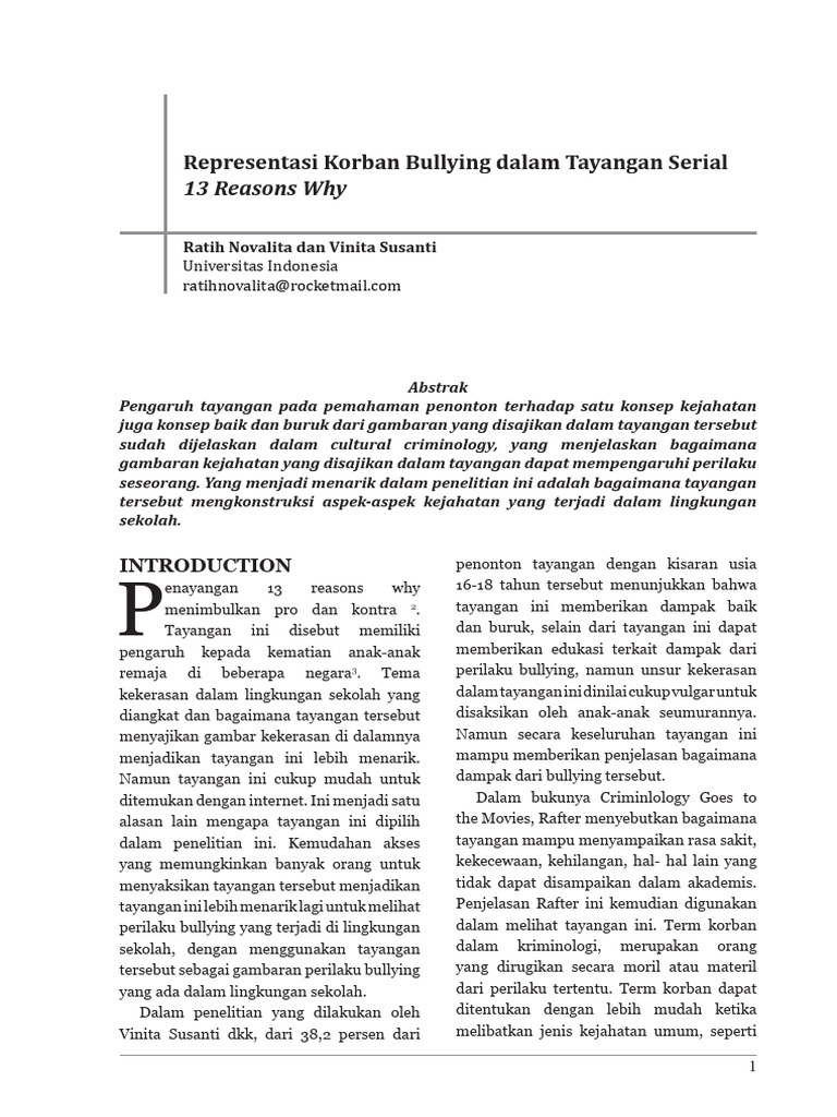 Jurnal Representasi Korban Bullying Dalam Serial 13 Reasons Why | PDF