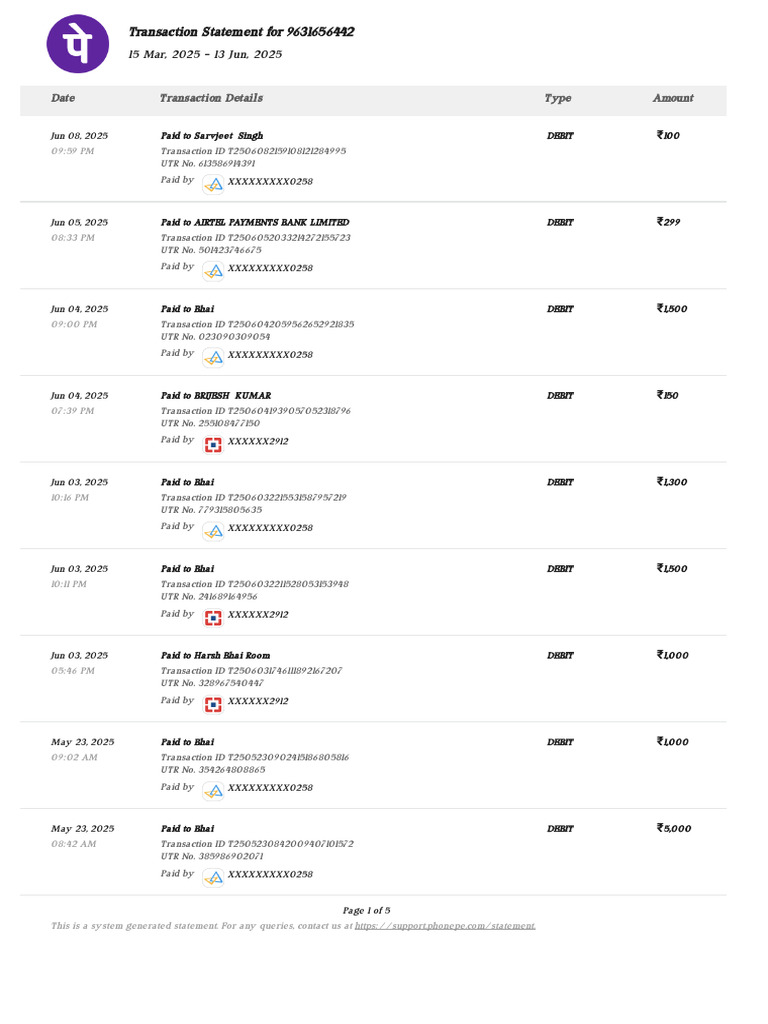 PhonePe Statement Mar2025 Jun2025 | PDF | Debit Card | Service Industries