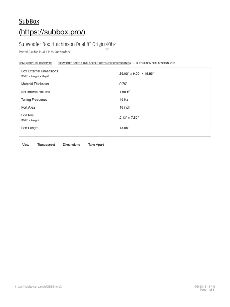 Subwoofer Box Hutchinson Dual 8" Origin 40hz - Ported Box - Slot | PDF ...