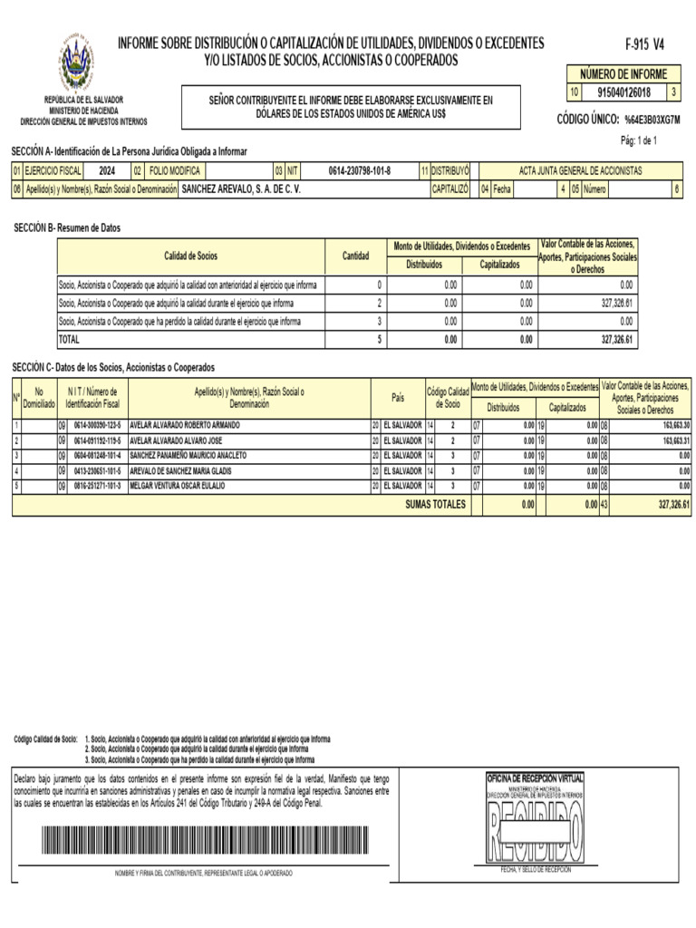 Informe Formulario F15 de Utilidades | PDF | Dividendo | Contabilidad
