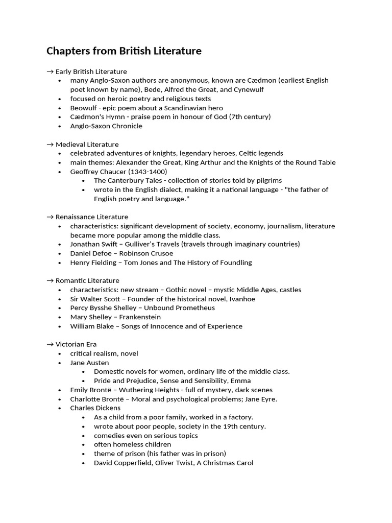 Overview of British Literature Eras | PDF | British Literature ...
