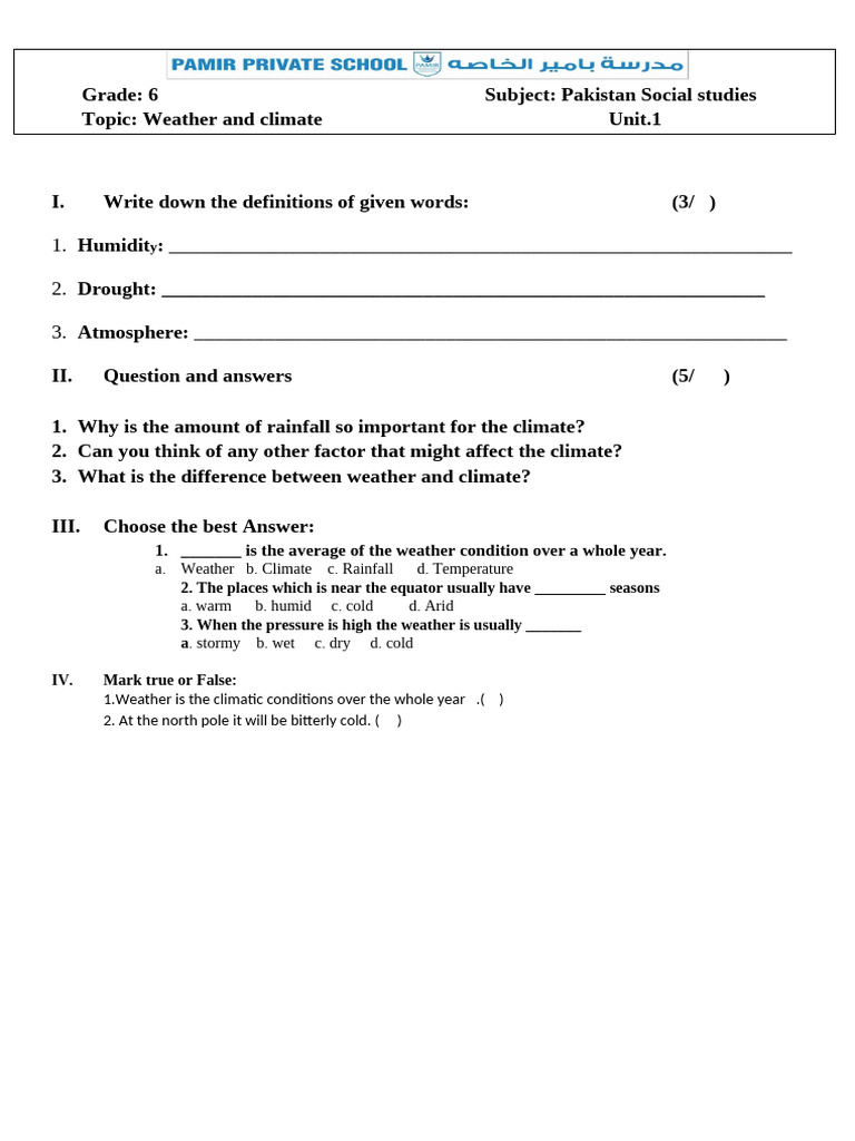 Weather vs. Climate for Grade 6 | PDF