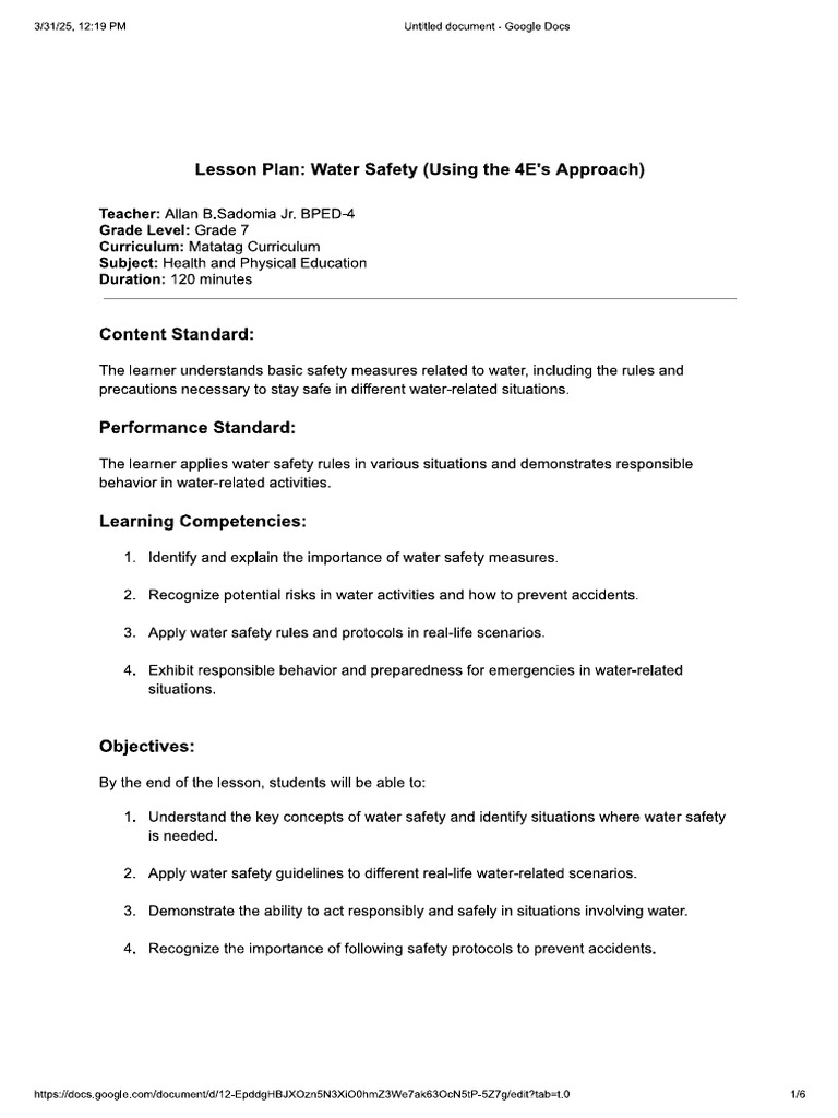 Lesson Plan (Water Safety) | PDF