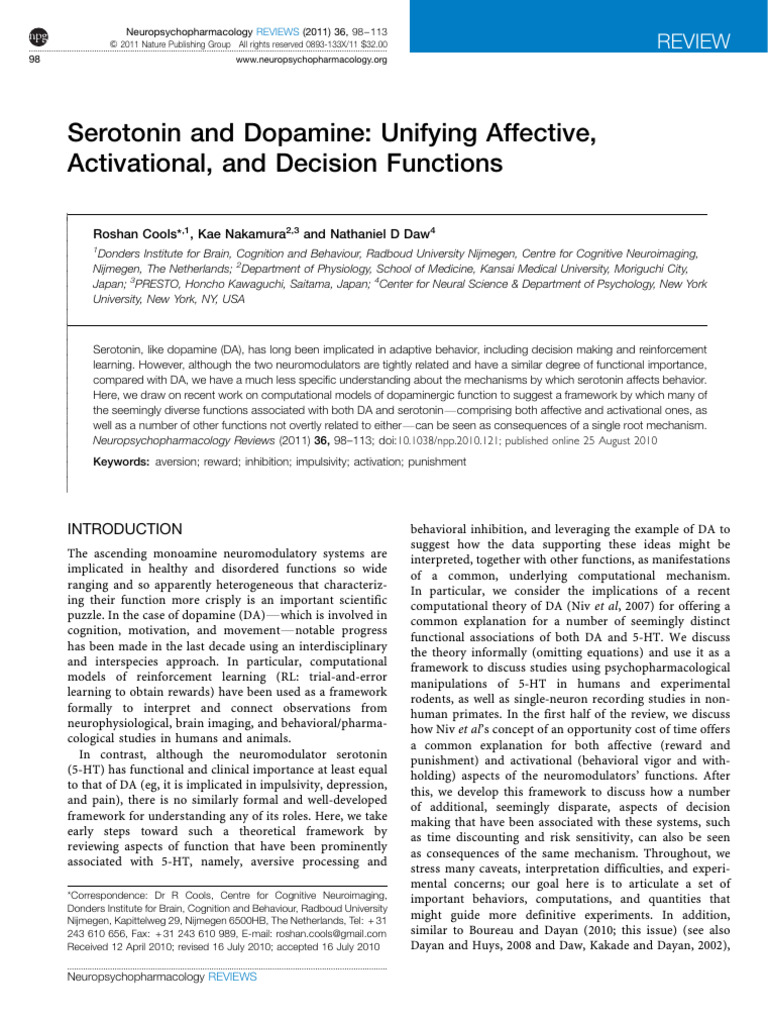 Serotoning and Dopamine Unifying Functions | PDF | Serotonin | Reward System