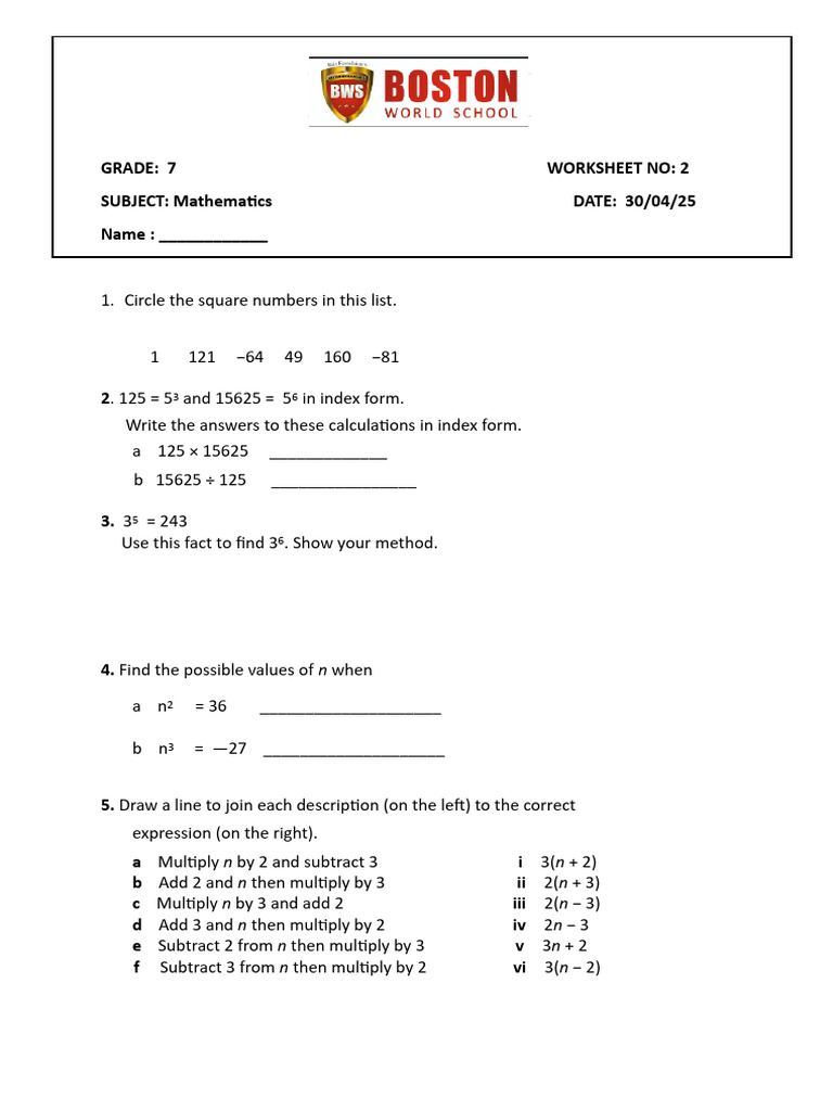 Grade7 Worksheet2 | PDF
