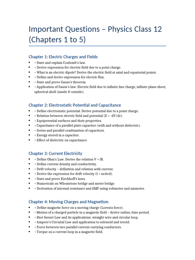 Important Physics Questions Ch1 To Ch5 | PDF