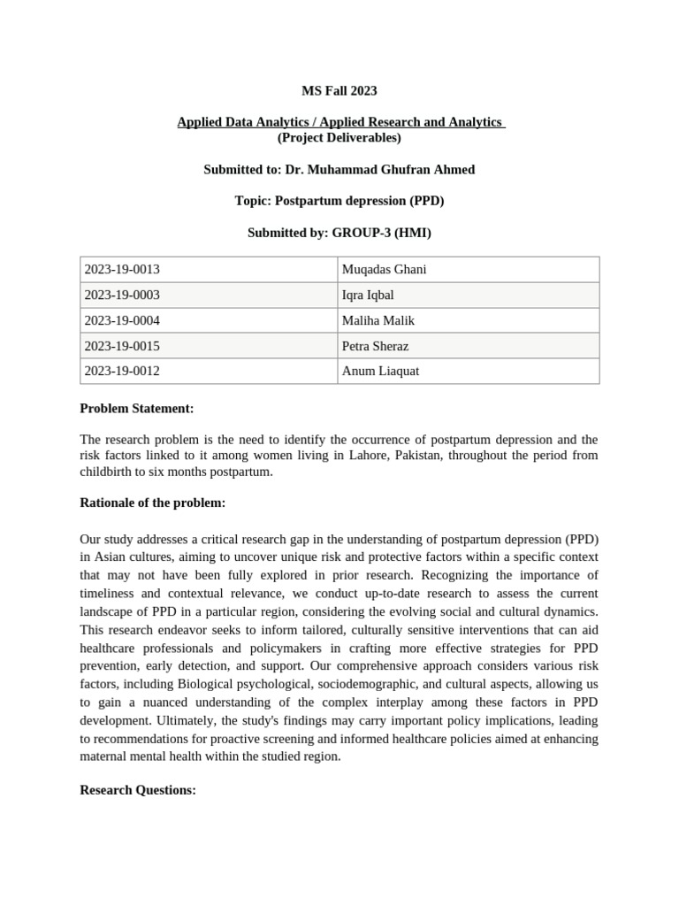 Data Analytics Final Project | PDF | Postpartum Depression | Sample Size Determination