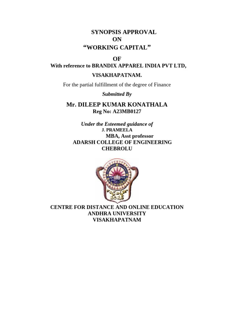 Synopsis Au Dileep Kumar | PDF | Working Capital | Capital (Economics)