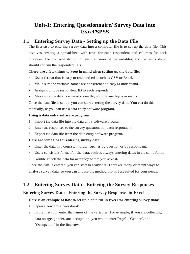 Unit 1 - Entering Questionnaire/ Survey Data Into Excel/SPSS | PDF | Spss | Microsoft Excel