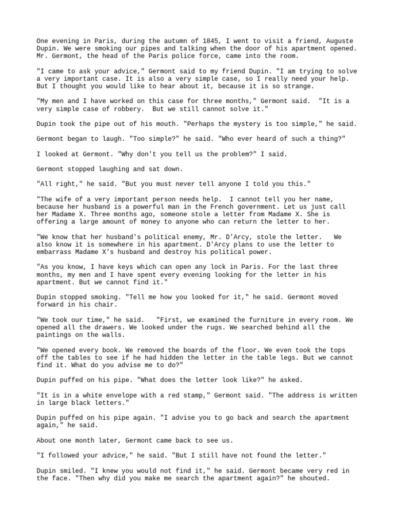 The Purloined Letter - by Edgar Alen Poe | PDF | C. Auguste Dupin