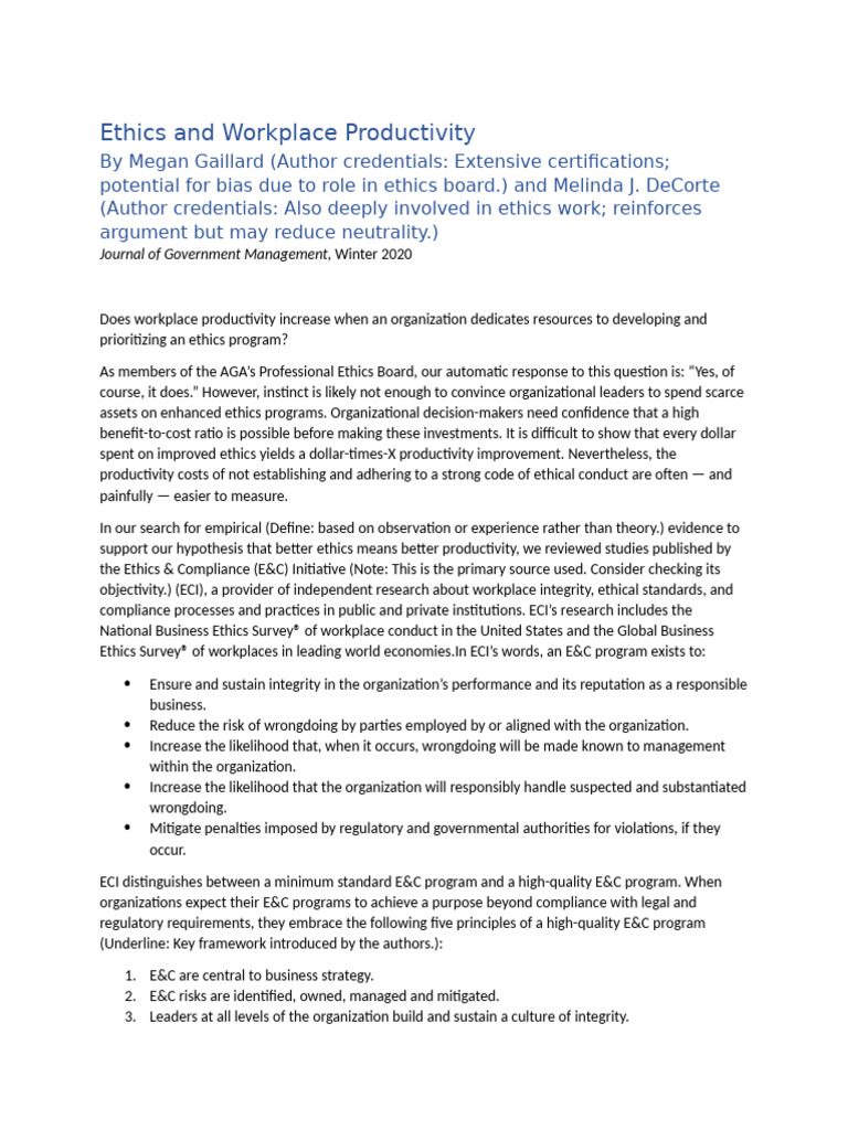 Ethics and Workplace Productivity Annotated | PDF | Risk | Regulatory ...