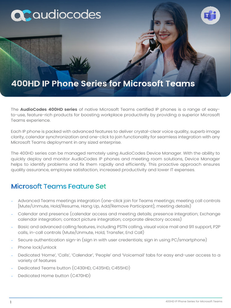 Audiocodes 400hd Ip Phones Series For Microsoft Teams | PDF | Telephone ...