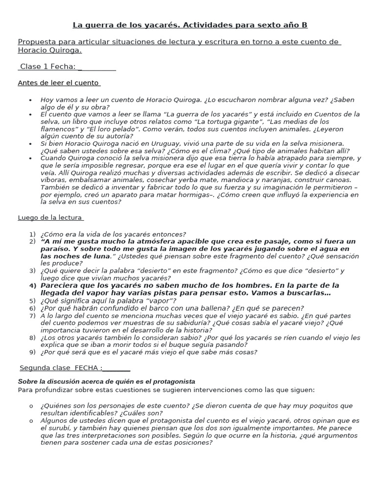 La Guerra de Los Yacarés Actividades 6 Grado | PDF