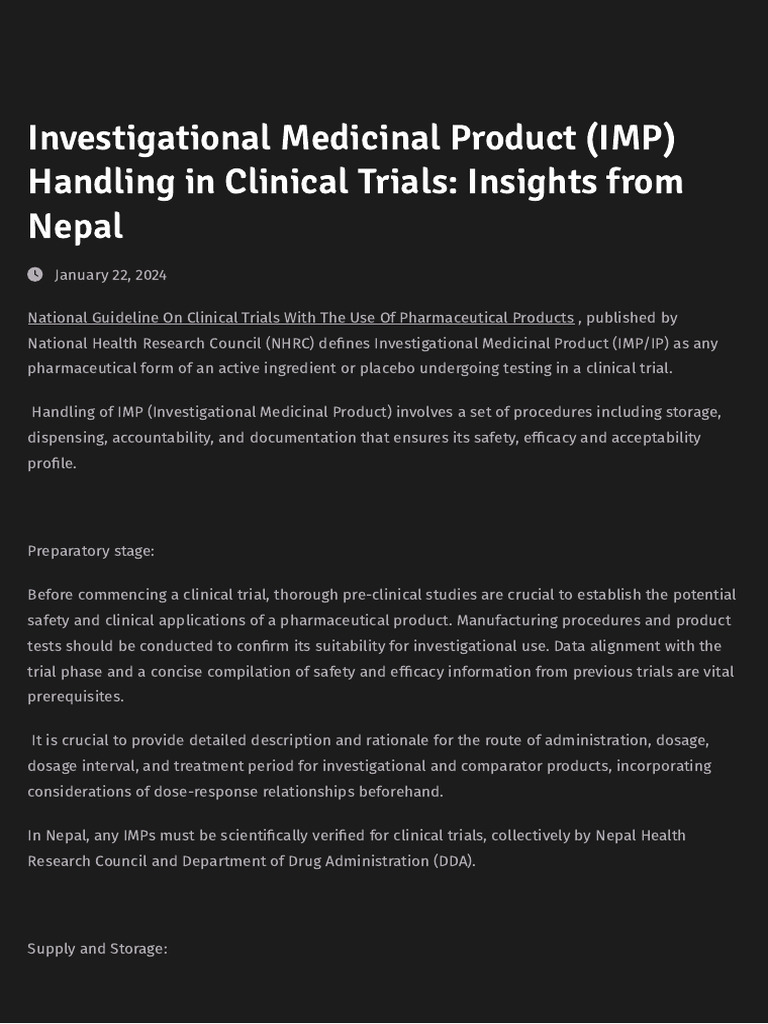 Investigational Medicinal Product (IMP) Handling in Clinical Trials ...