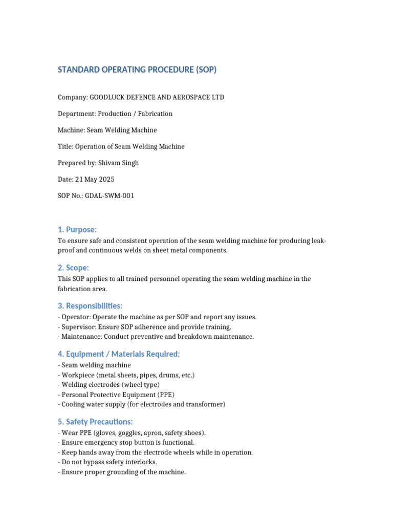 SOP Seam Welding Machine GDAL | PDF | Welding | Construction