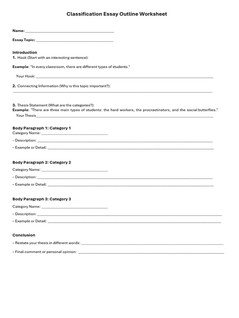 Classification Essay Outline Worksheet | PDF