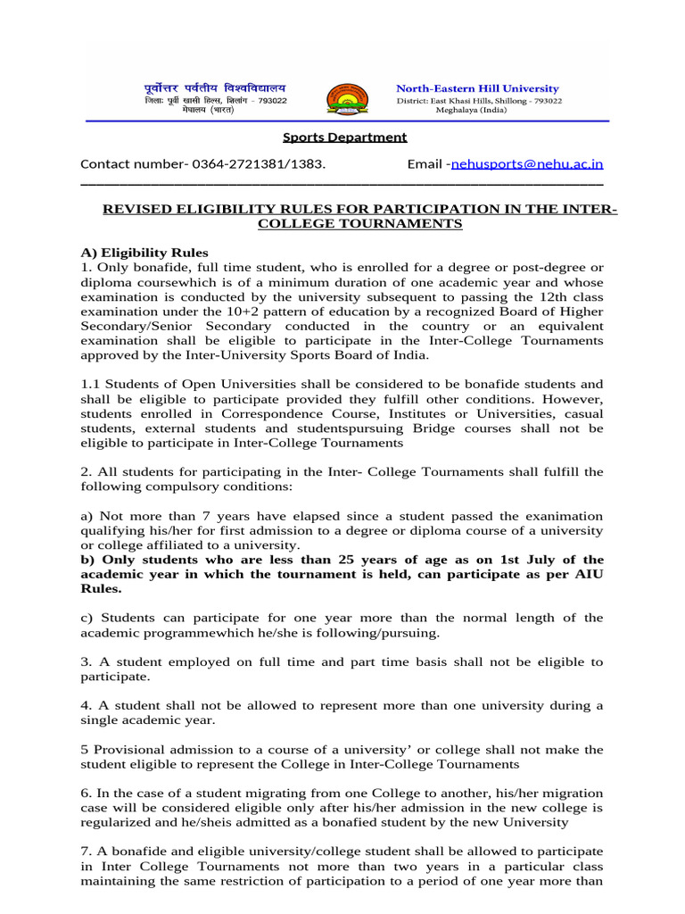 Eligibility Rules For Inter College Tournament | PDF | Academic Degree | College