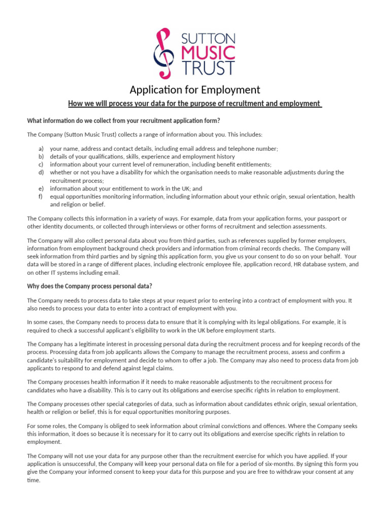 Sutton Music Trust Application Form | PDF | Criminal Record | Background Check