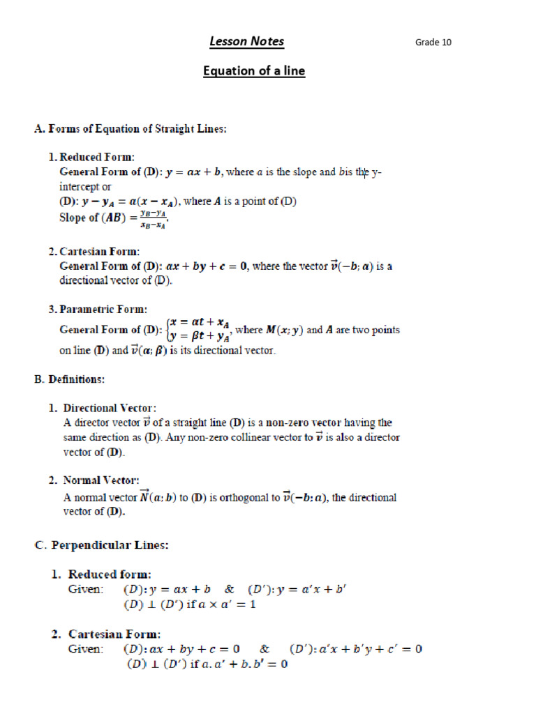 Grade 10 Line Equation Notes | PDF