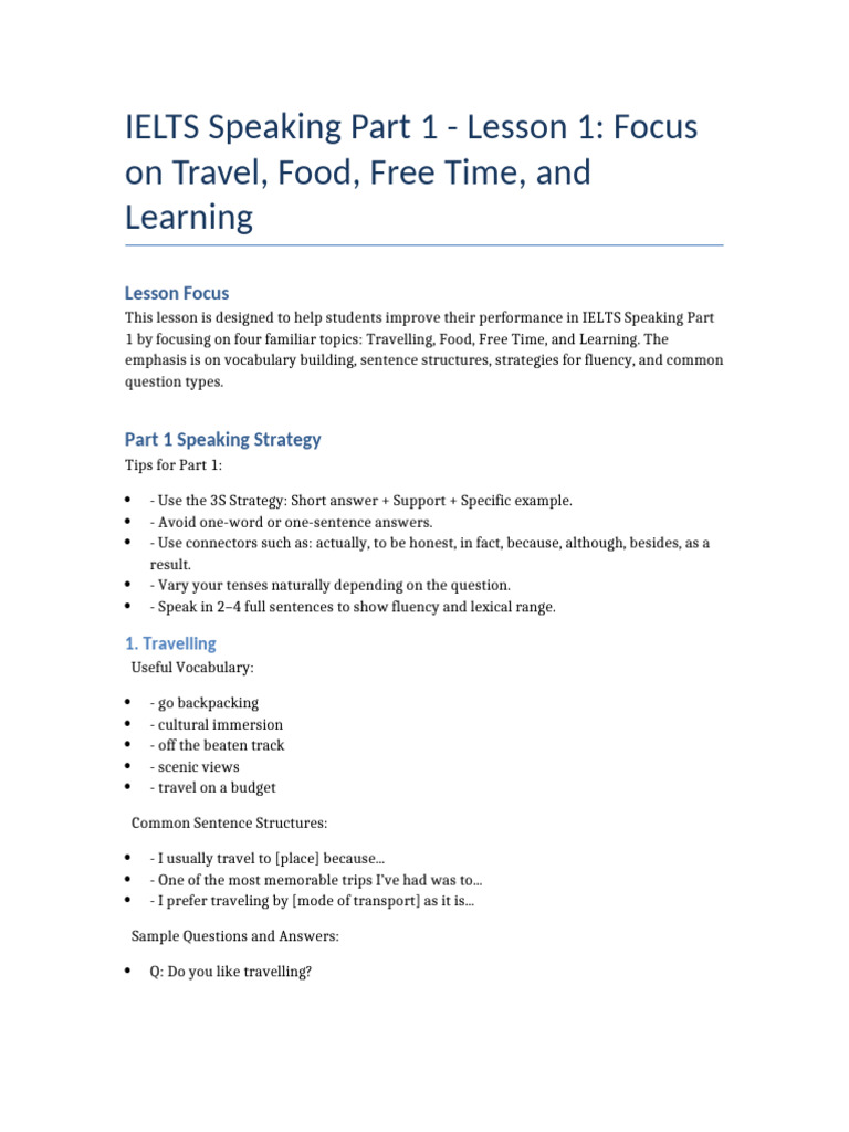 IELTS Speaking Part1 Lesson 1 | PDF | Cuisine | Cooking